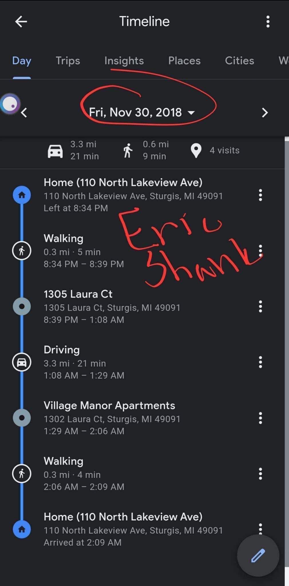 ERIC SHANKS GOOGLE TIMELINE FOR 11/30/18 - BRING BRITTANY HOME
